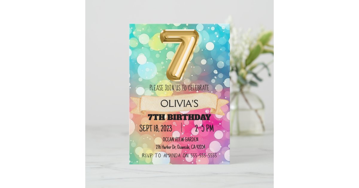 Rainbow 7 Year Old 7th Birthday Party Girls Seven Invitation | Zazzle