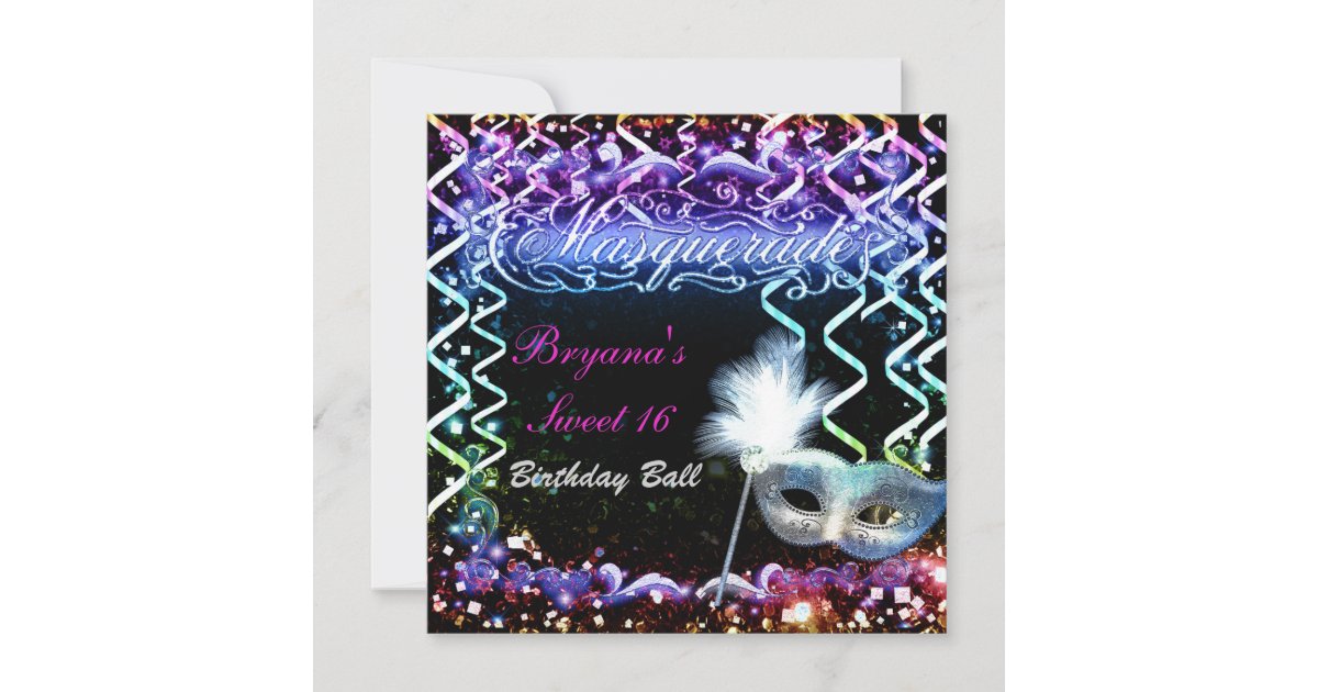 Rainbow Glow Masquerade Mask Birthday Party Invitation | Zazzle