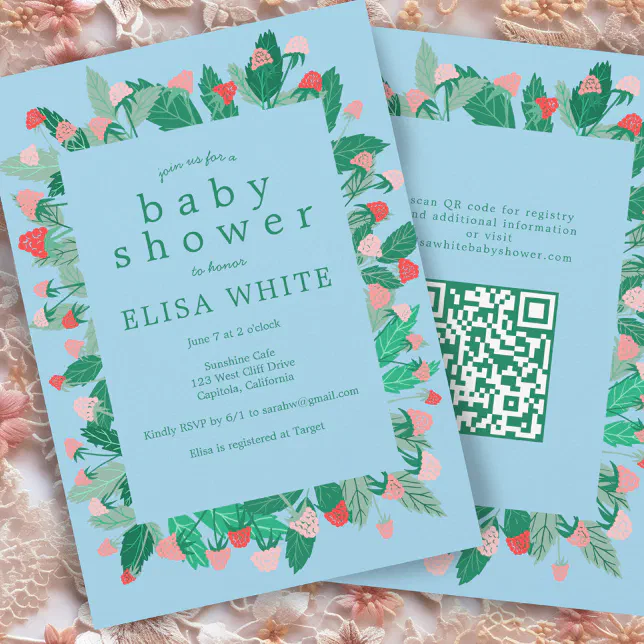 Raspberry Patch Cute CUSTOM QR Code BABY SHOWER Invitation | Zazzle