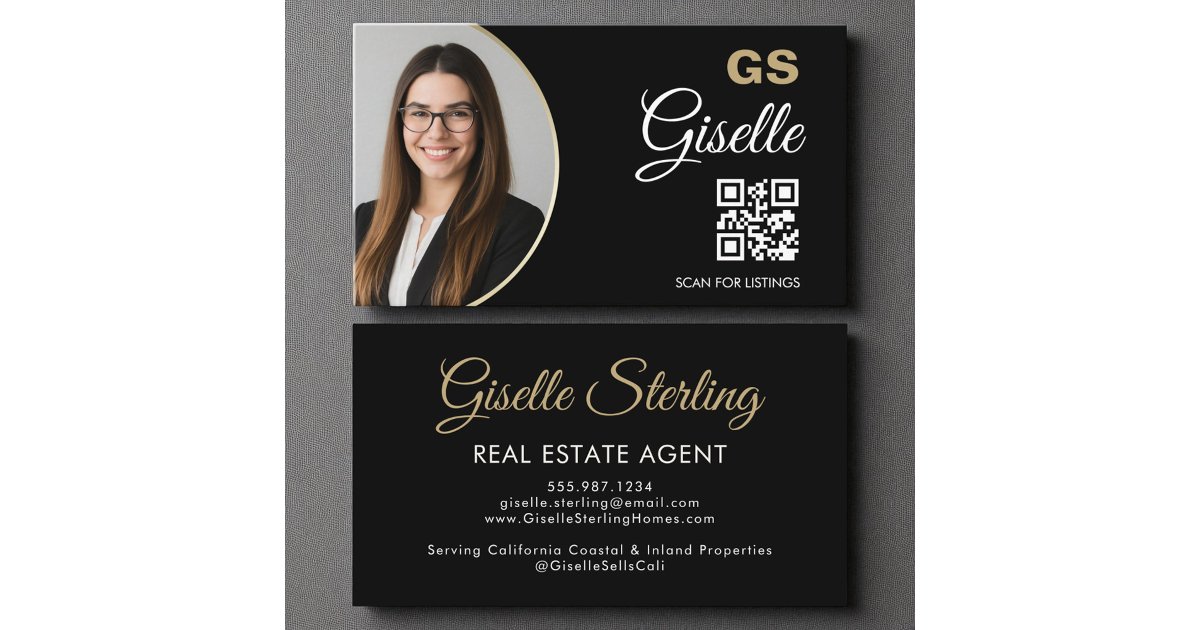 Real Estate Agent Black Gold Photo QR Code Business Card | Zazzle