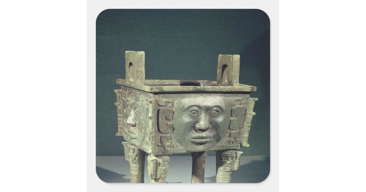 Rectangular 'ting' vessel with human faces square sticker | Zazzle