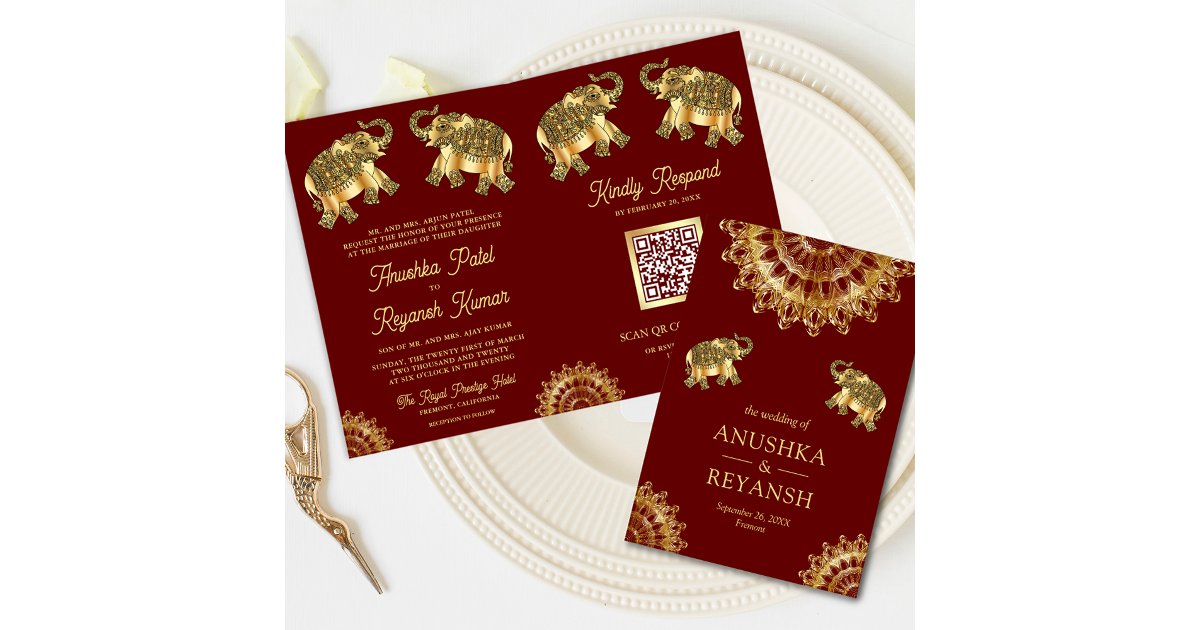 Red Gold Ethnic Elephants Indian QR Code Wedding Invitation | Zazzle