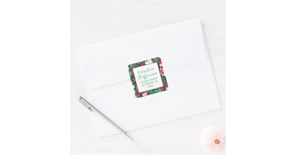 Red & Green Preppy Snowmen Return Address Square Sticker | Zazzle
