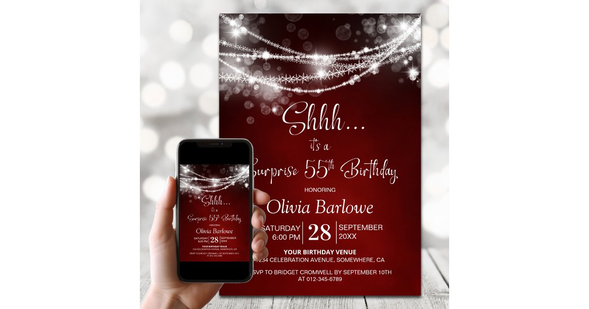 Red String Lights Surprise 55th Birthday Party Invitation | Zazzle
