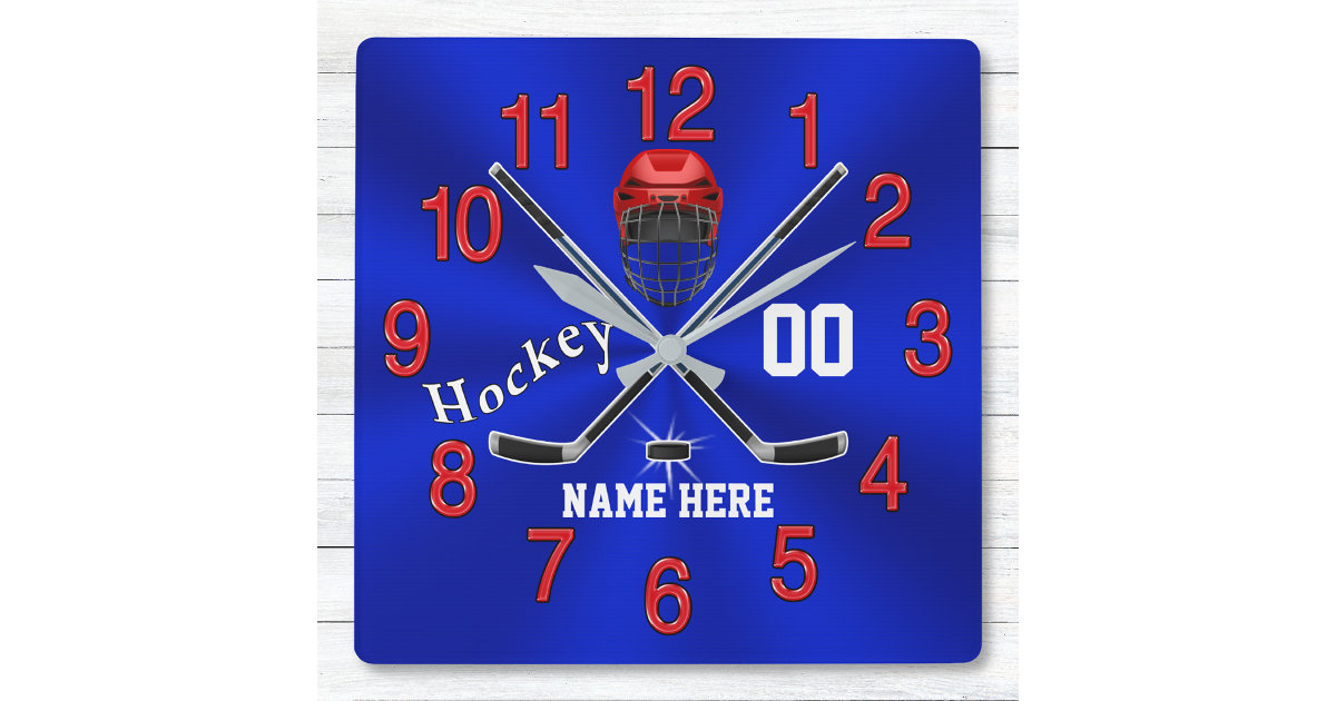 Red White and Blue Hockey Clock Hockey Room Decor | Zazzle
