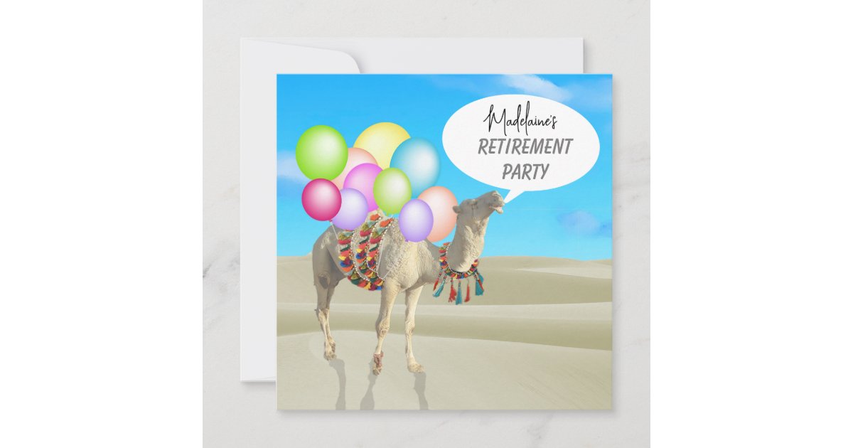 Retirement Fun Desert Camel Balloons Colourful Invitation | Zazzle