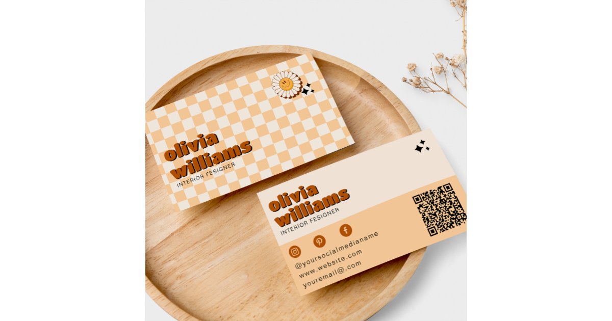 Retro Bold QR Code Boho Groovy Smiling Flower Business Card | Zazzle