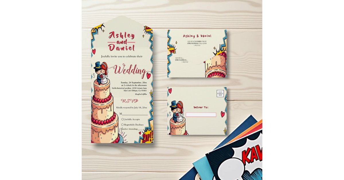 Retro Bride & Groom Pop Art Comic Style Wedding All In One Invitation ...