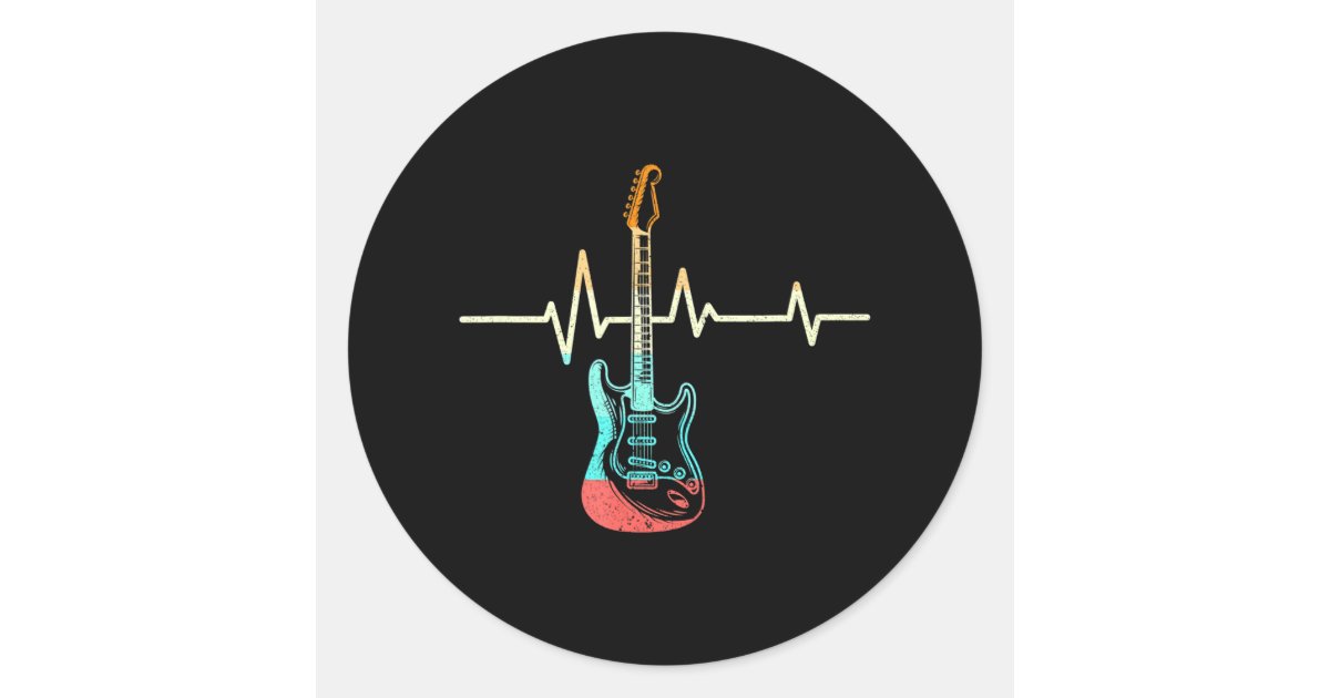 Retro Electric Guitarist Heartbeat Guitar Player Classic Round Sticker ...