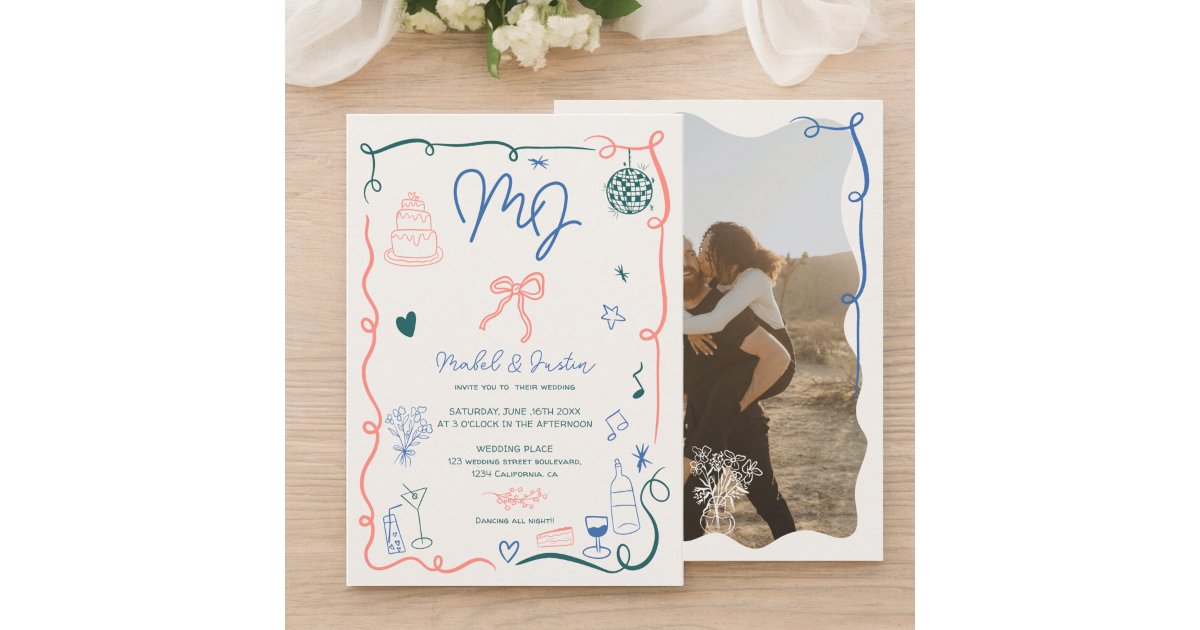 Retro initials handdrawn illustrated photo wedding invitation | Zazzle