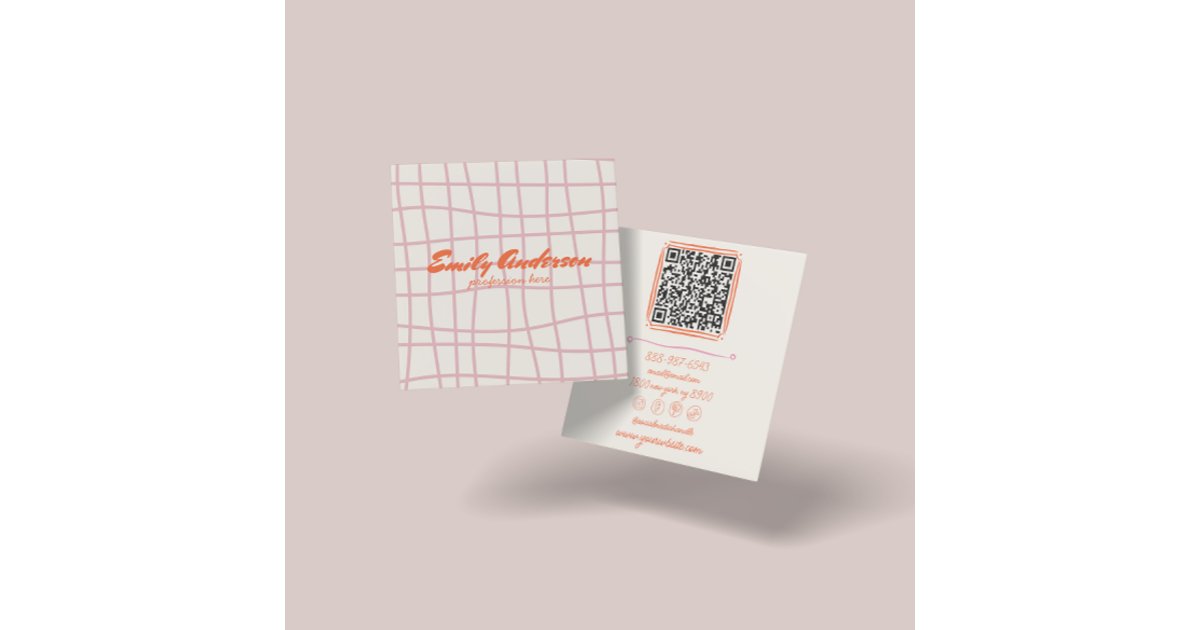 Retro Pink Hand Written Drawn Groovy Girly QR Code Square Business Card ...