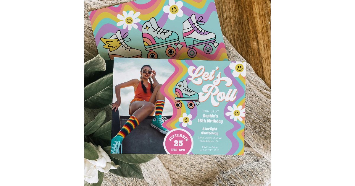 Retro Roller Skating Rainbow Birthday Invitation | Zazzle