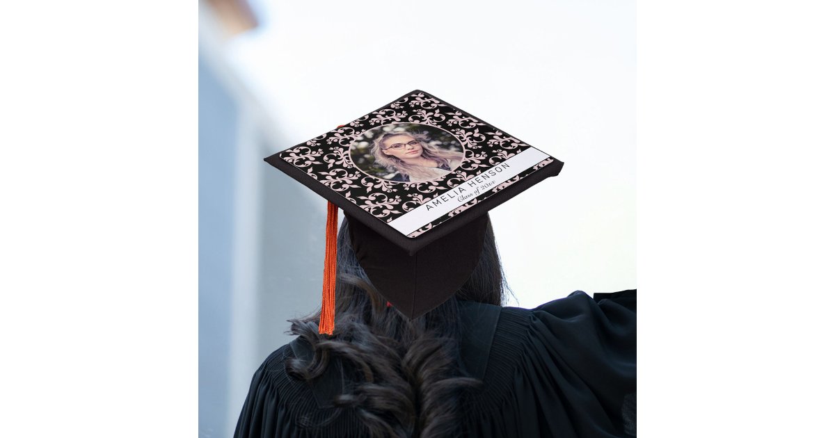 Rococo Pink Black Pattern Photo Name Class of Graduation Cap Topper ...