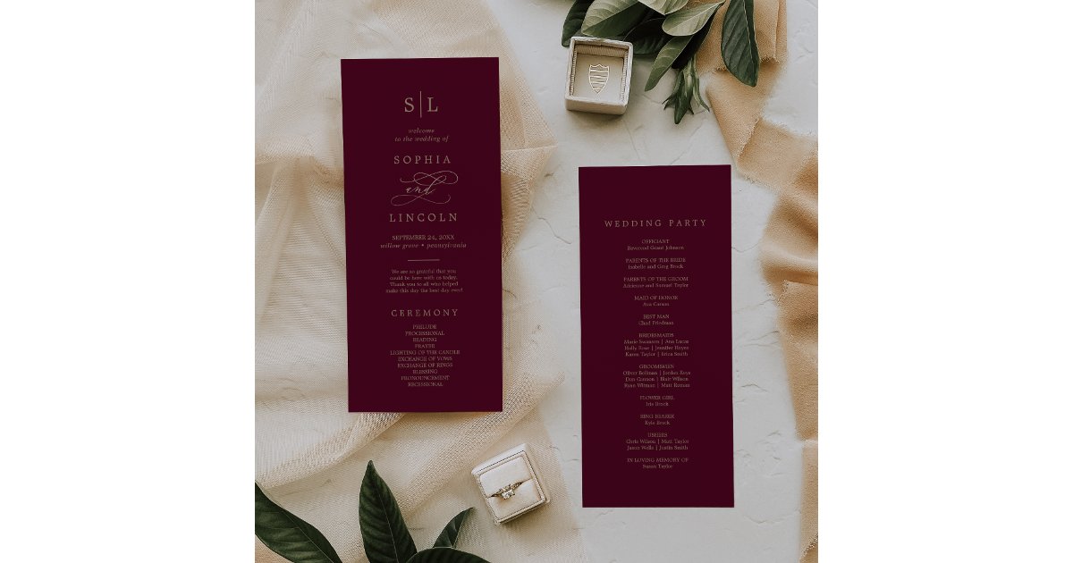 Romantic Burgundy Calligraphy Monogram Wedding Program | Zazzle