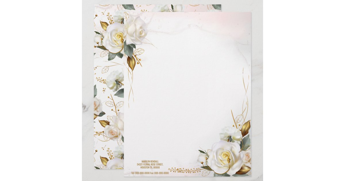 Romantic White Rose Gold Floral Wedding Letterhead | Zazzle