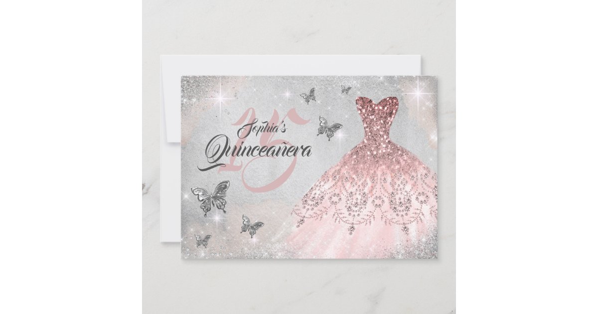 Rose Gold Butterfly Sparkle Dress Quinceanera Invitation | Zazzle