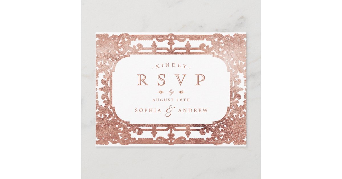 Rose Gold elegant ornate vintage wedding RSVP Invitation Postcard | Zazzle