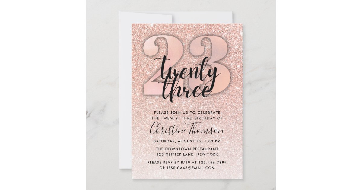 Rose Gold Glitter 23rd Birthday Invitation | Zazzle