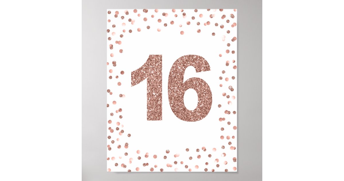 Rose Gold Glitter Number 16 Birthday Party Sign | Zazzle