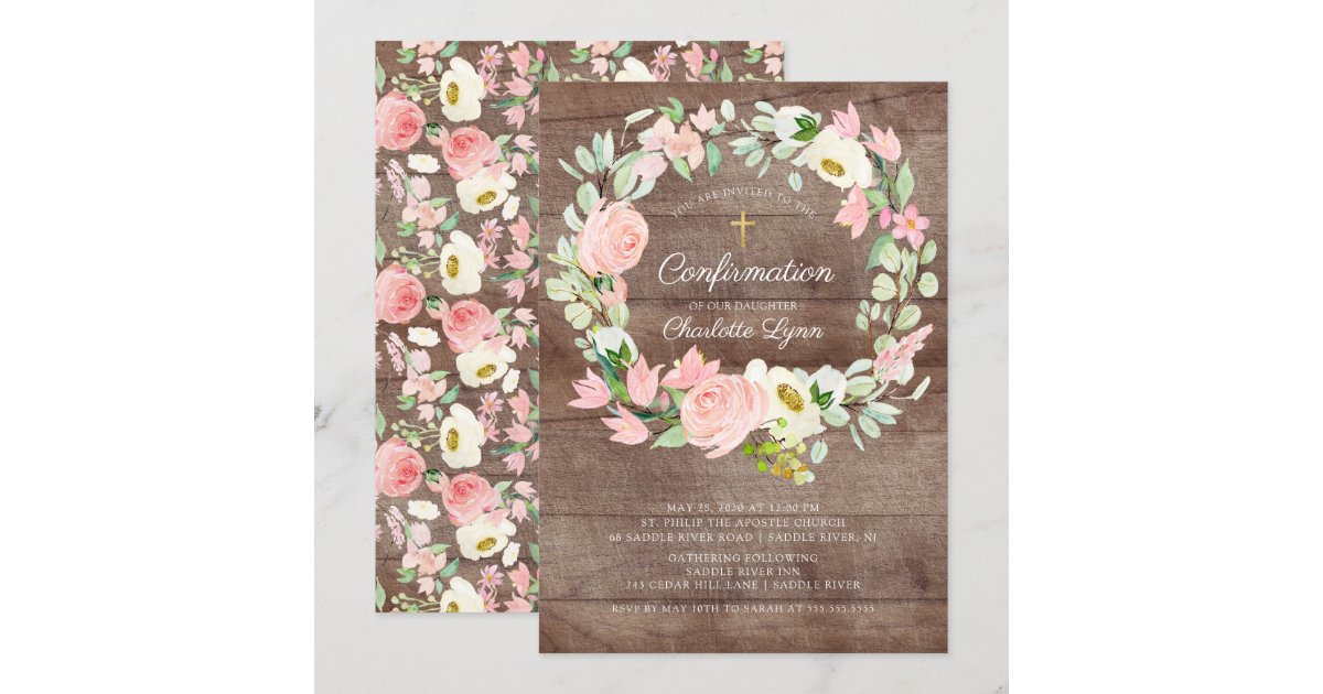 Rustic Blush Pink Floral Girls Confirmation Invitation | Zazzle
