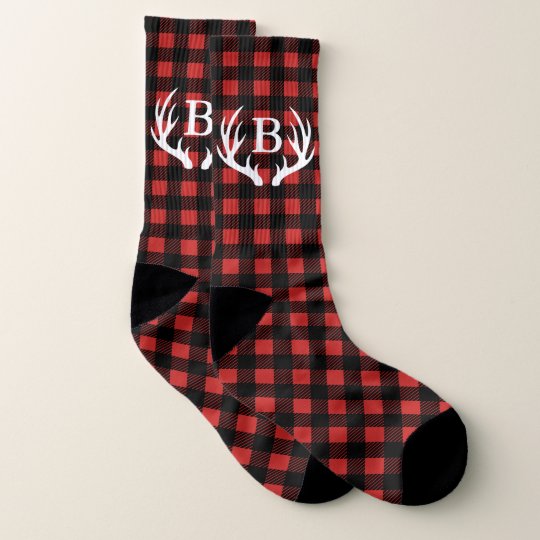 Rustic Buffalo Check Plaid & White Deer Antlers Socks | Zazzle.ca