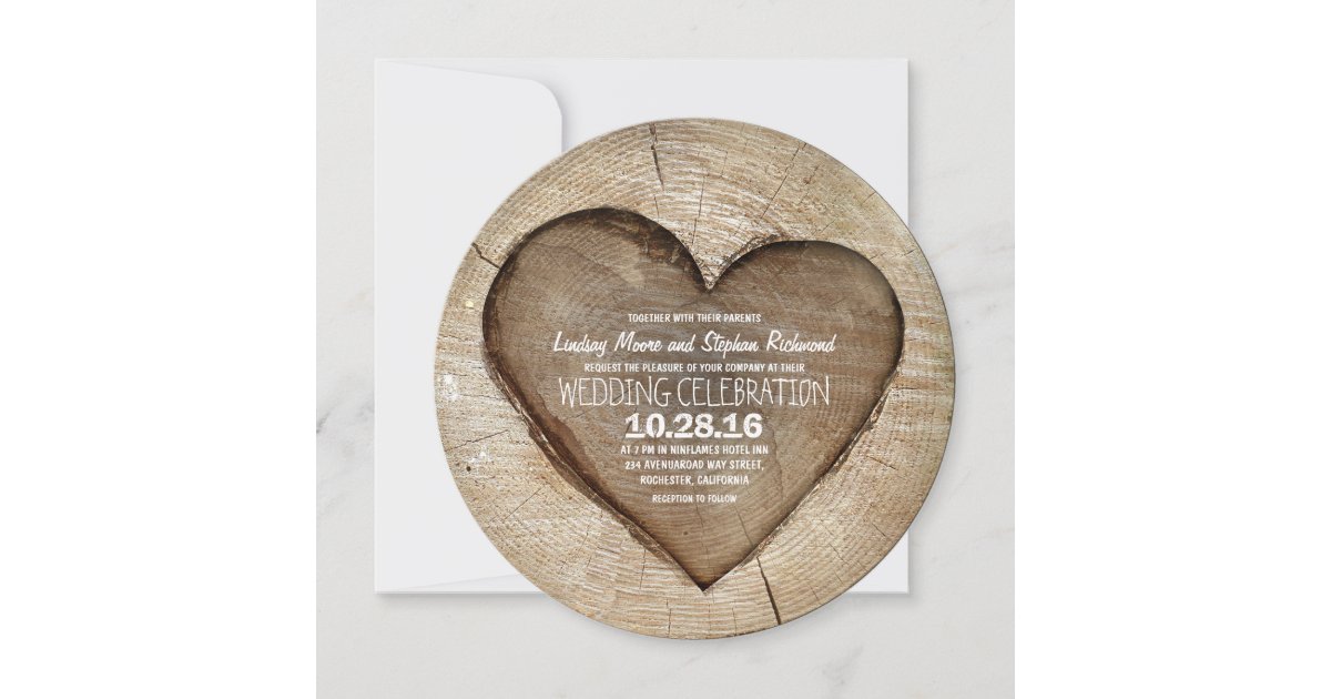 Rustic carved tree wood heart wedding invitation | Zazzle
