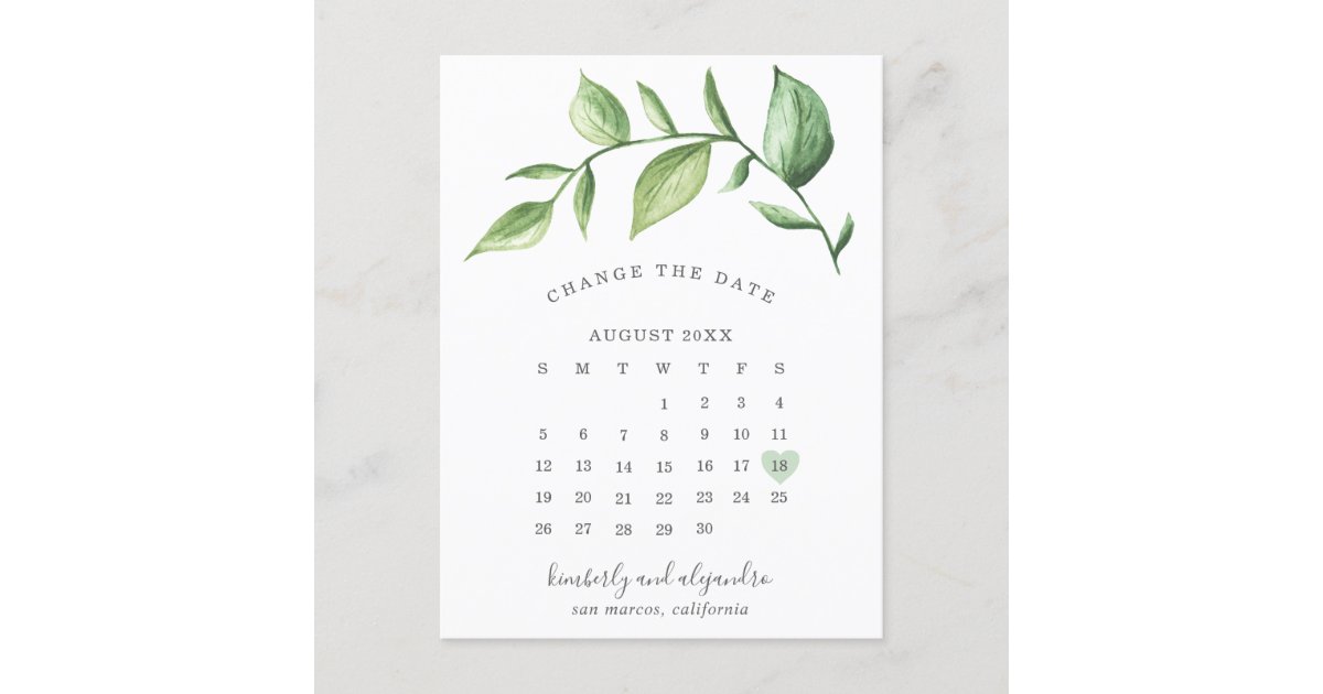 Rustic Elegant Greenery Calendar Change the Date Announcement Postcard ...