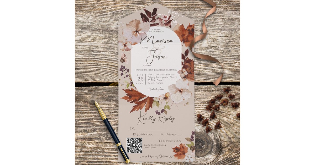Rustic Fall Neutral Wreath Tan QR Code All In One Invitation | Zazzle