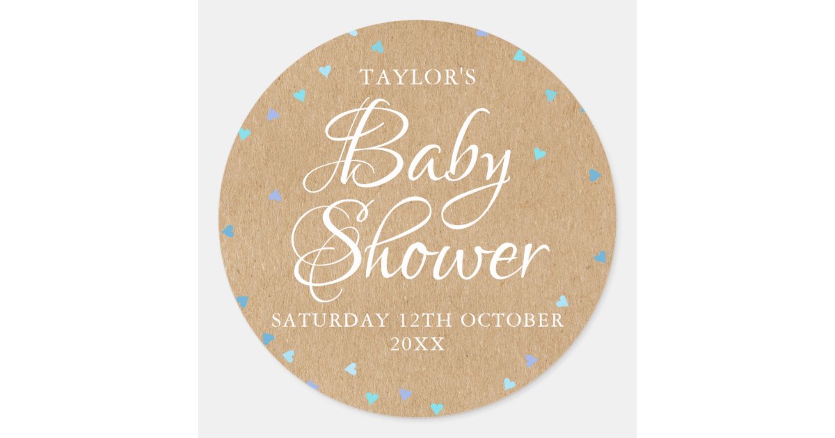 Rustic kraft blue hearts baby shower classic round sticker | Zazzle