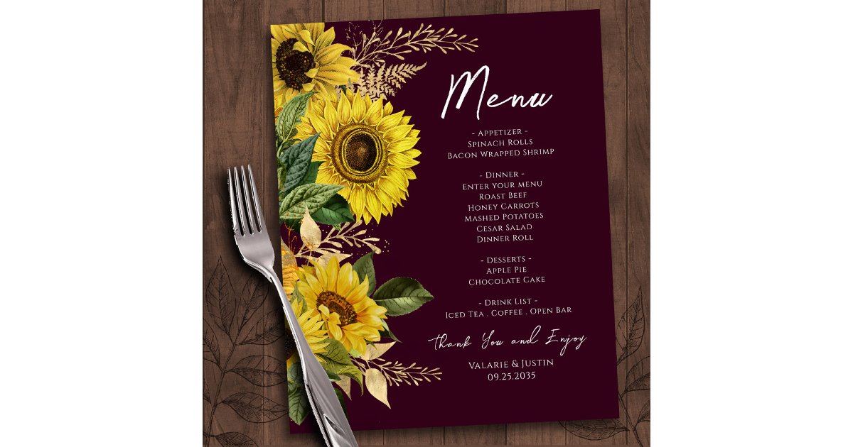 Rustic Sunflowers Wedding Menu | Zazzle
