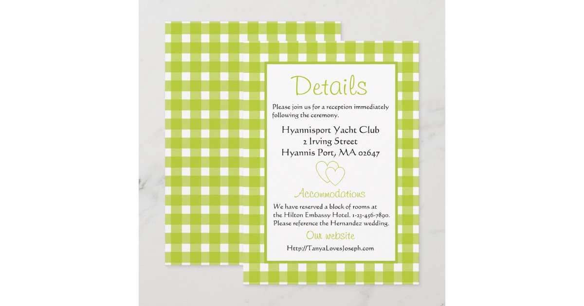 Rustic Wedding Details Gingham Green Plaid Party Invitation | Zazzle