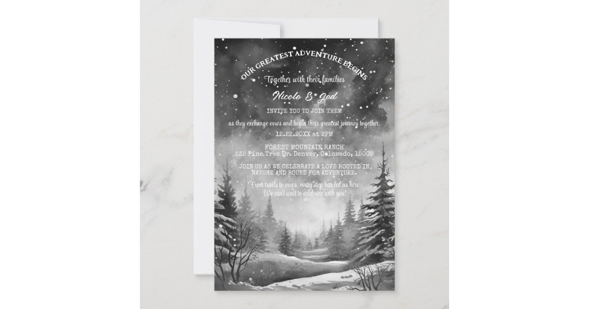 Rustic Winter Pine Tree Snow Outdoorsy Wedding Invitation | Zazzle