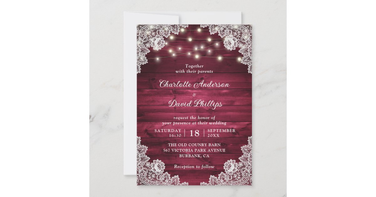 Rustic Wood Burgundy Lace String Lights Wedding Invitation | Zazzle