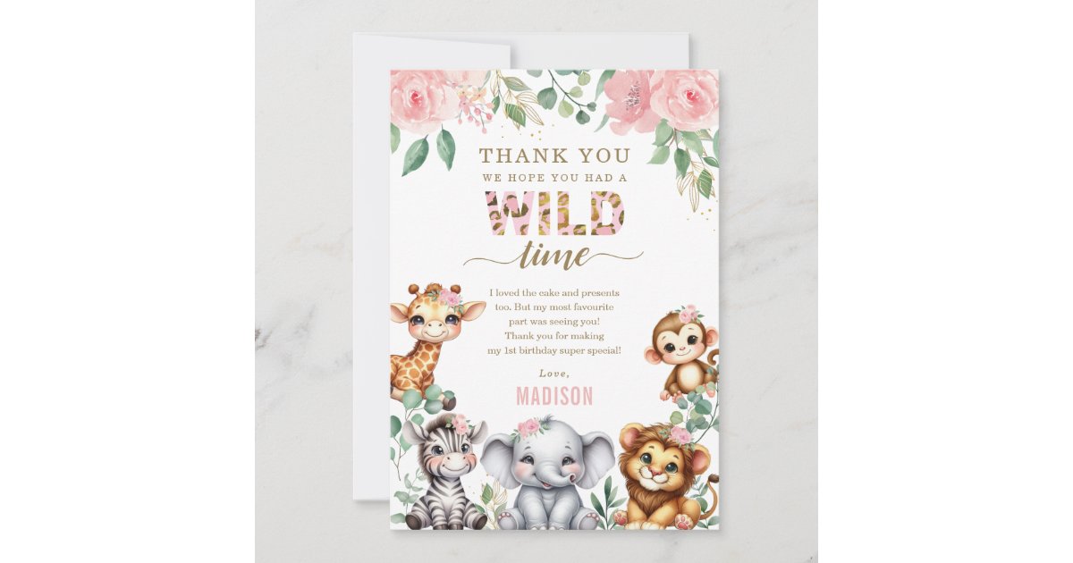 Safari Animal Wild One Blush Floral 1st Birthday Thank You Card | Zazzle