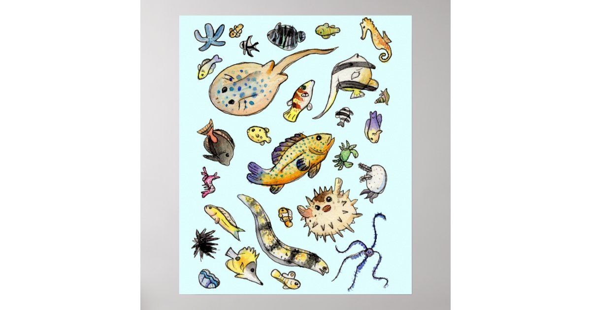 Saltwater Aquarium Fish Watercolor Poster | Zazzle
