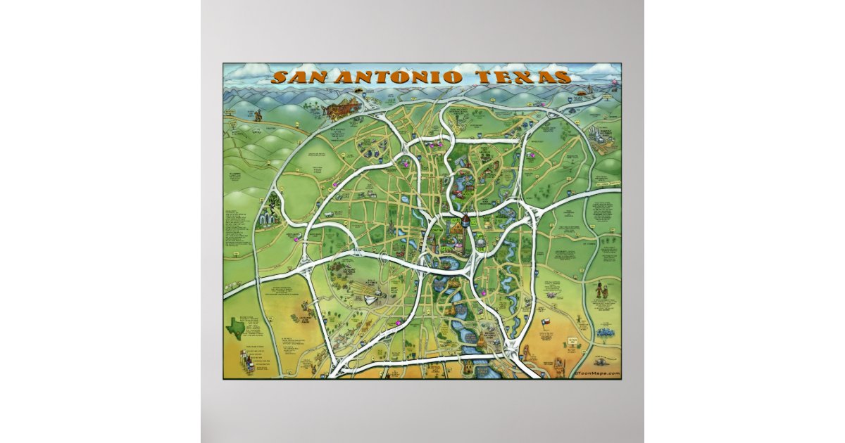 San Antonio Texas Cartoon Map Poster | Zazzle