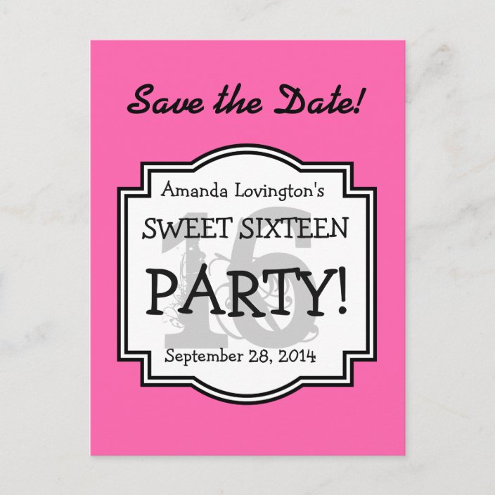 Save the Date Sweet 16 Birthday Party A02 PINK Announcement Postcard ...