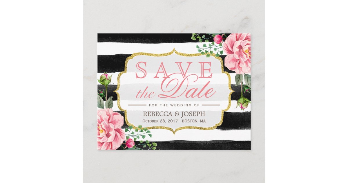Save The Date Watercolor Blush Pink Floral Stripes Announcement