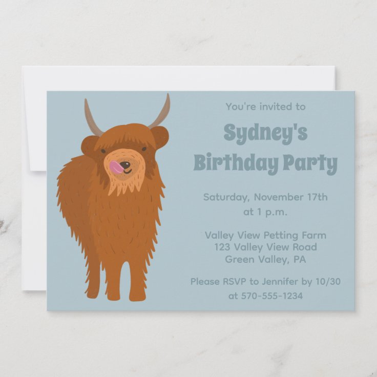 Scottish Highland Cattle Light Blue Birthday Party Invitation | Zazzle