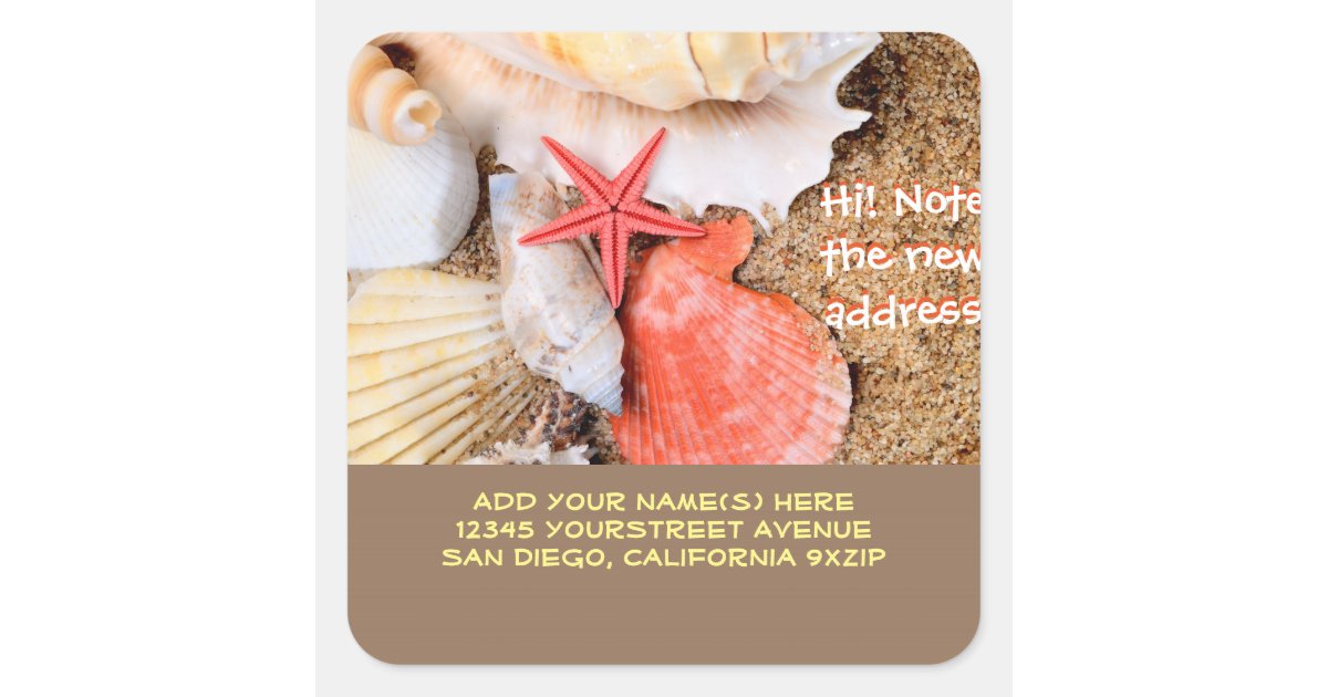 Seashells Starfish Sandy Beach return address Square Sticker | Zazzle