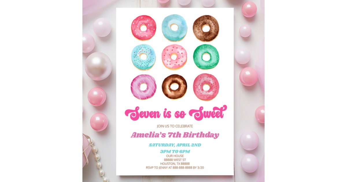 Seven Is So Sweet Doughnut 7th Birthday Party Invitation | Zazzle