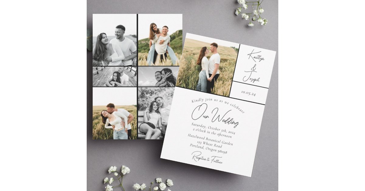 Seven Photo Collage Modern Wedding Invitation | Zazzle