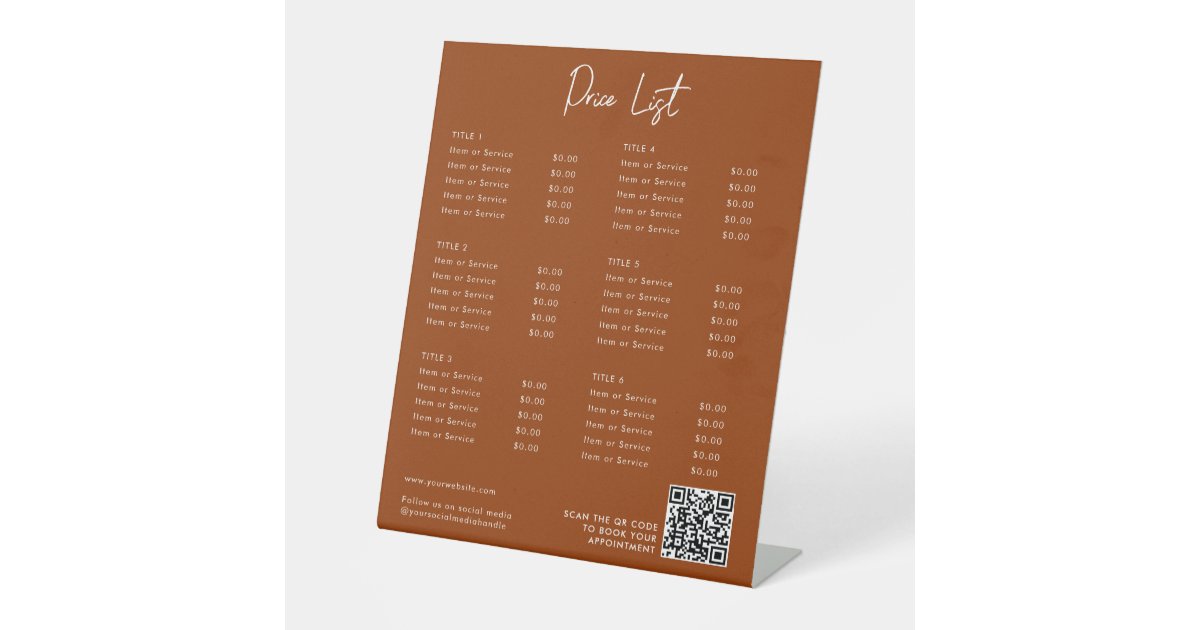 Signe De Table Terracotta Tarifs Menu QR Code Social Media | Zazzle.ca