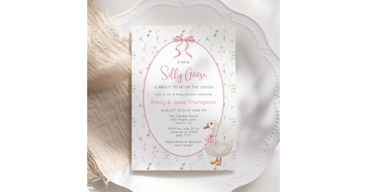 Silly Goose Pink Bow Floral Baby Shower Invitation | Zazzle