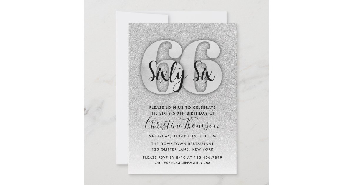 Silver Glitter 66th Birthday Invitation | Zazzle