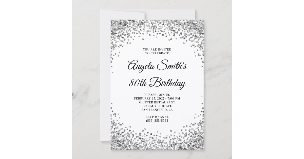 Silver Glitter Border White 80th Birthday Invitation | Zazzle
