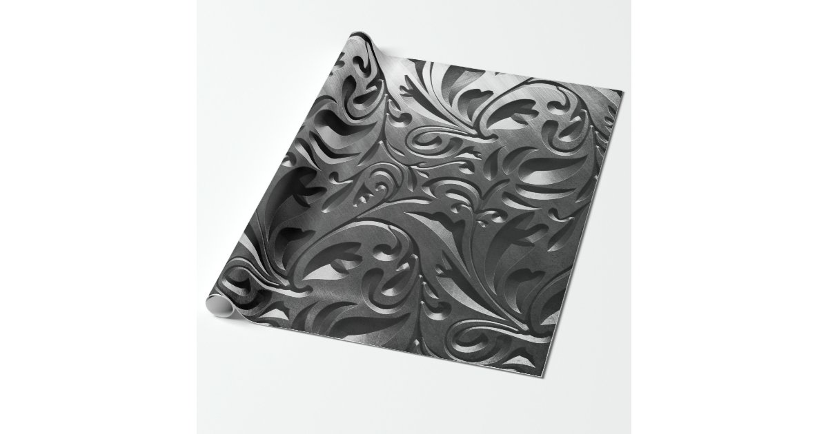 Silver metal engraved look abstract grey steel wrapping paper | Zazzle