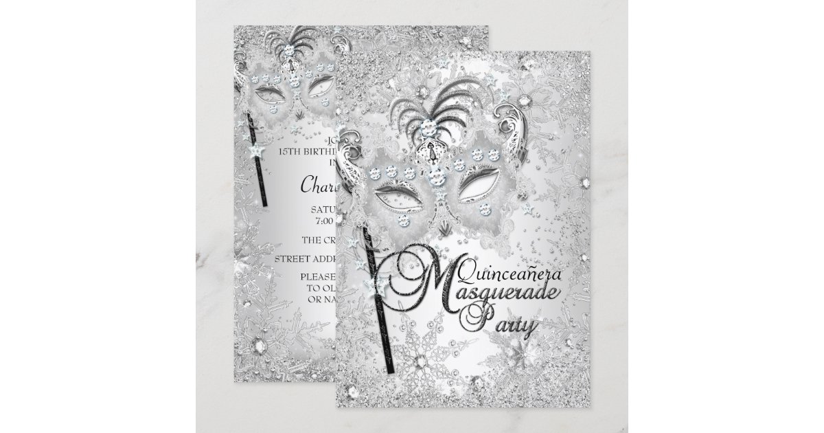 Silver Snowflake Mask Masquerade Quinceanera Invitation | Zazzle