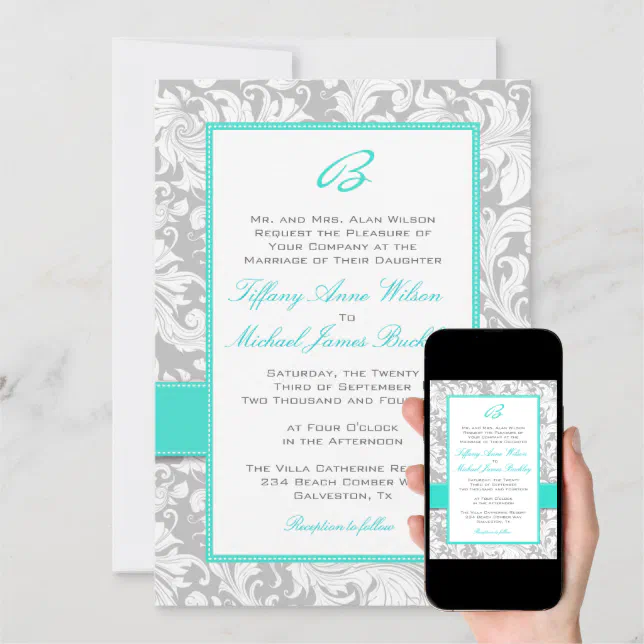 Silver white damask turquoise wedding invitation | Zazzle