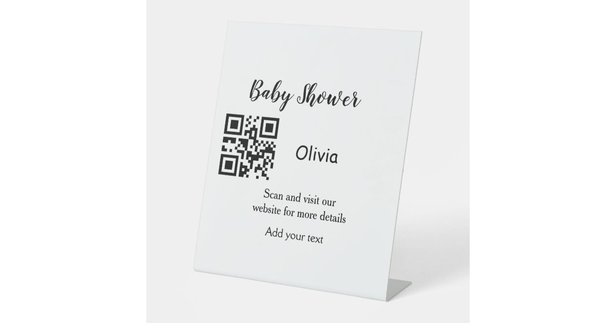 Simple baby shower website barcode QR add name det Pedestal Sign | Zazzle